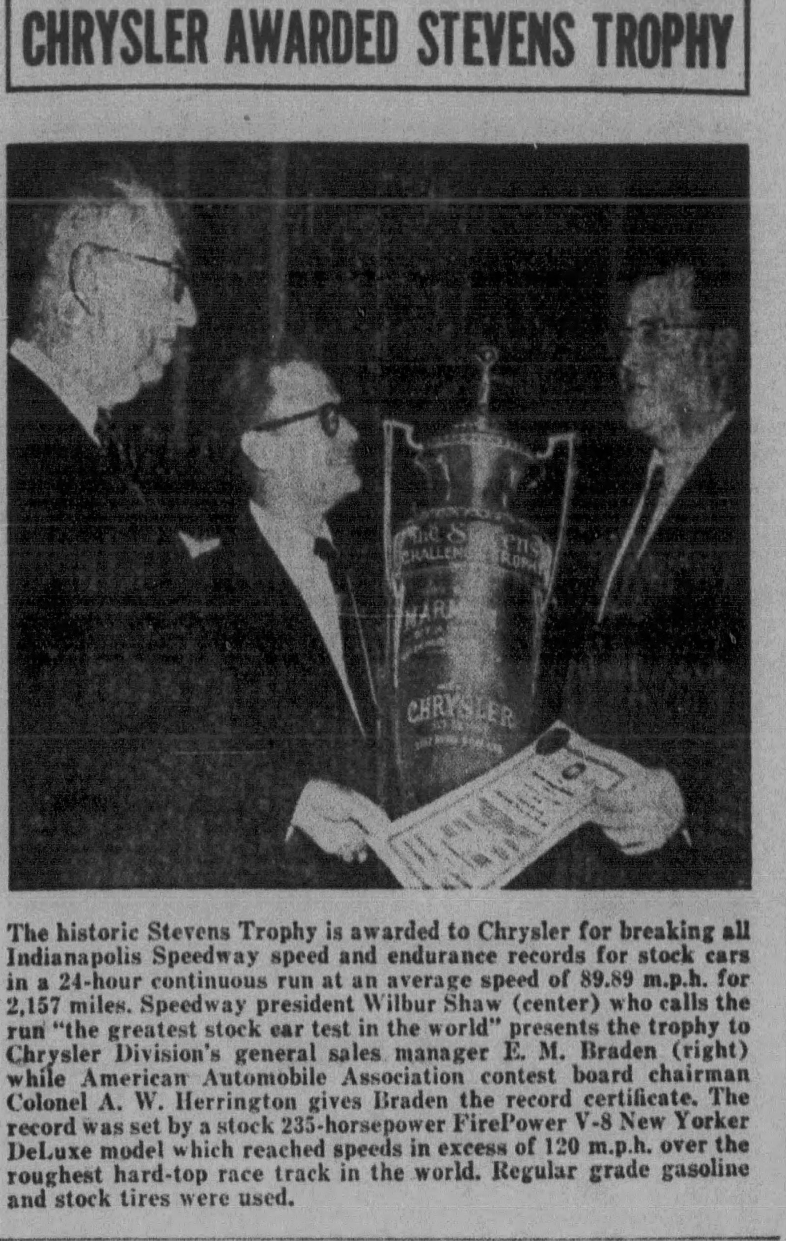 When Chrysler Claimed the Stevens Trophy at the Brickyard - Mopar ...